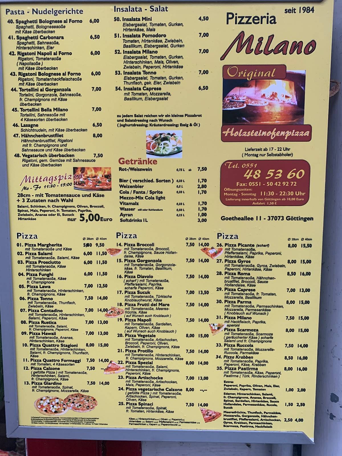 Menu au Milano original Holzsteinofen restaurant, Göttingen, Goethe ...