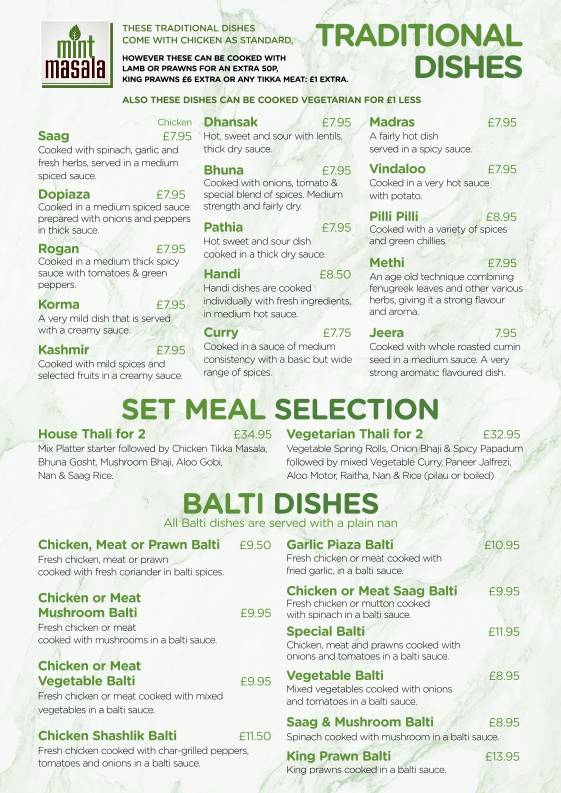 Menu at Mint Masala restaurant, Neath