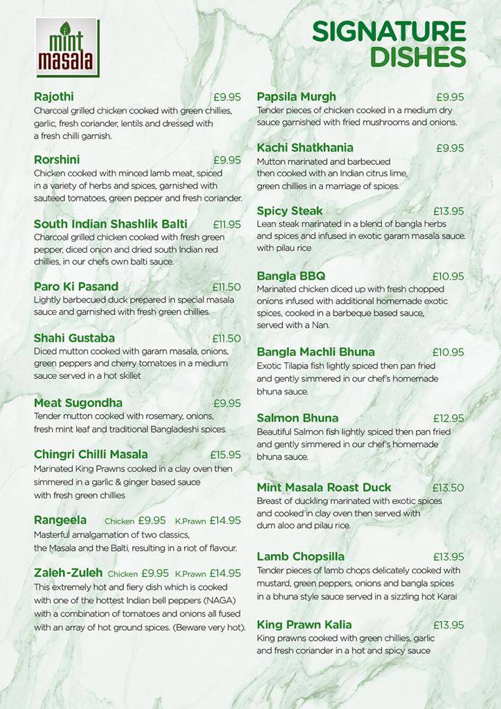 Menu at Mint Masala restaurant, Neath