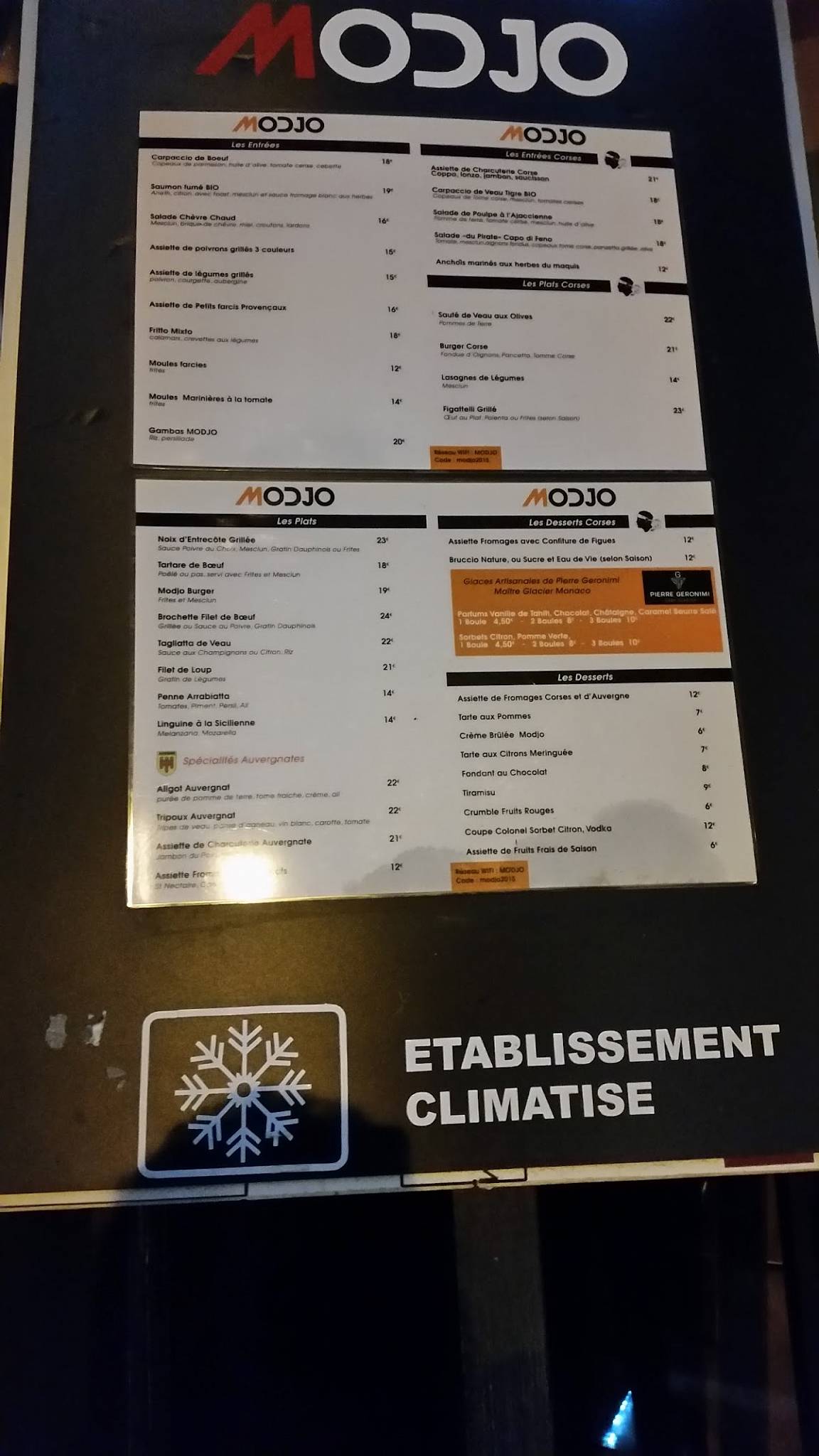 Carta del restaurante Modjo, Mónaco