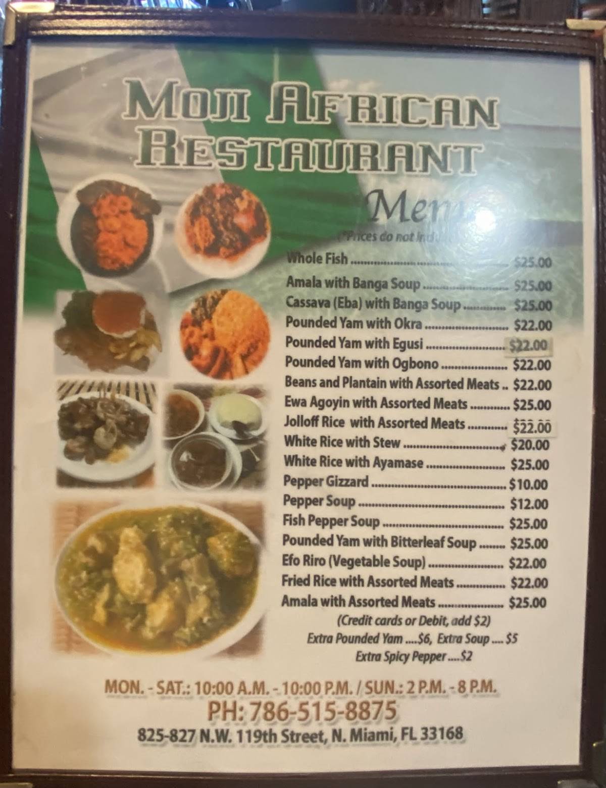 Menu at Moji African Restaurant, Miami