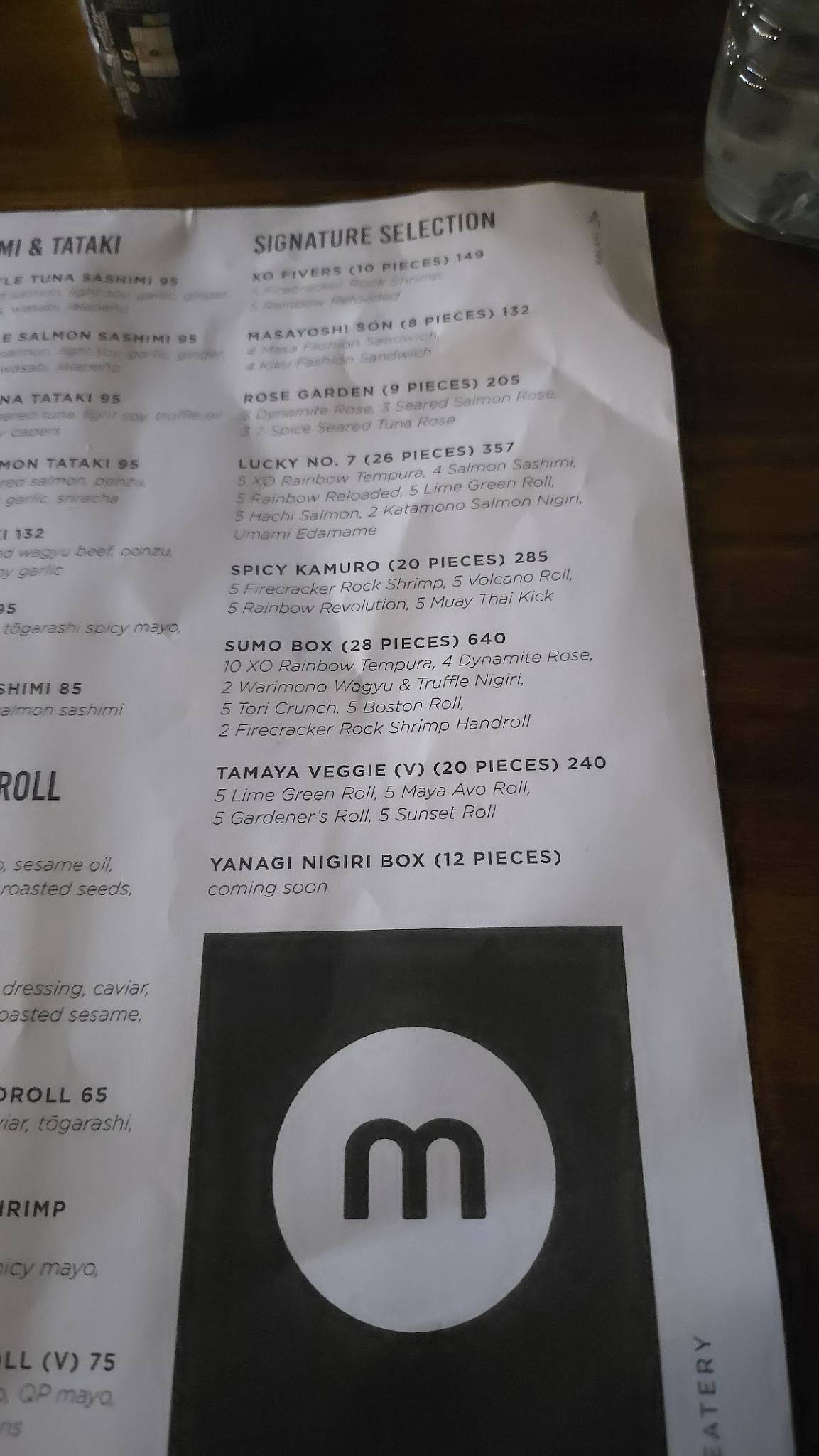 Menu at Momo XO restaurant, Johannesburg