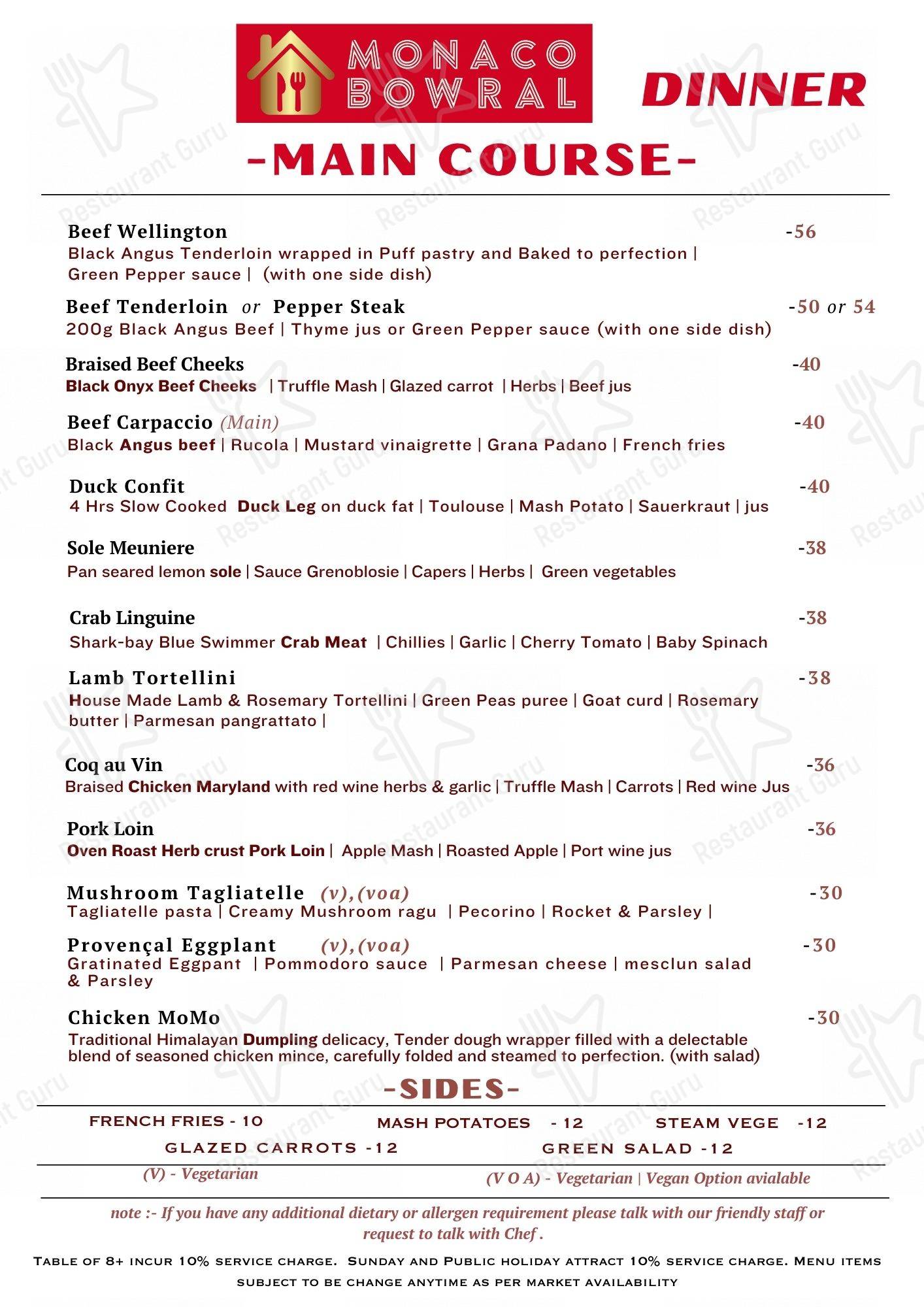 Menu at Monaco Bowral Restaurant, Bowral