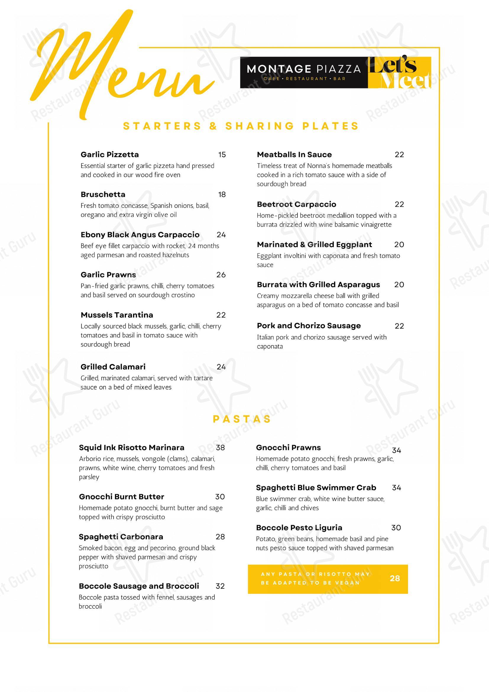 Menu at Montage Piazza Cafe, Lilyfield