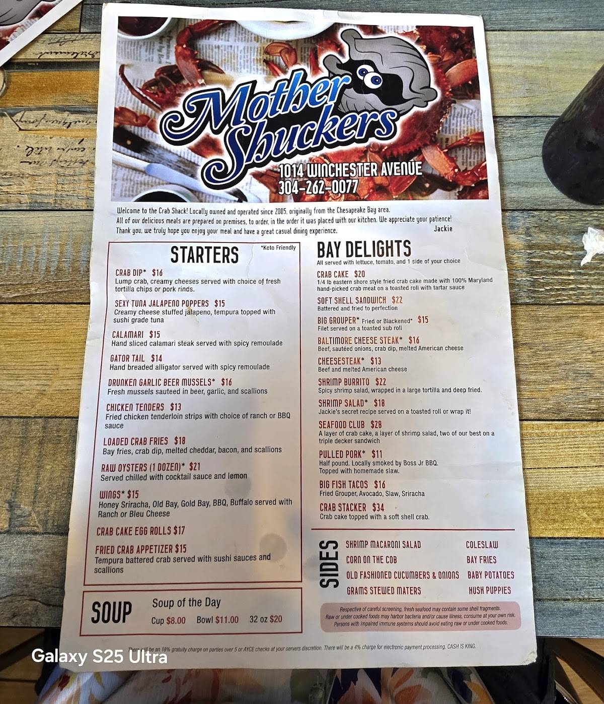 Menu at Mother Shuckers Crab Shack restaurant, Martinsburg