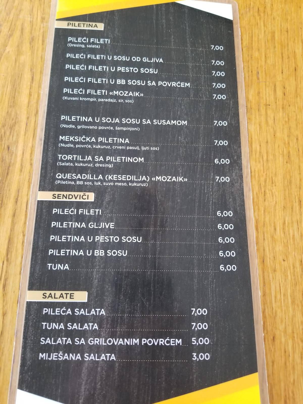 Menu at Mozaik restaurant, Lukavica