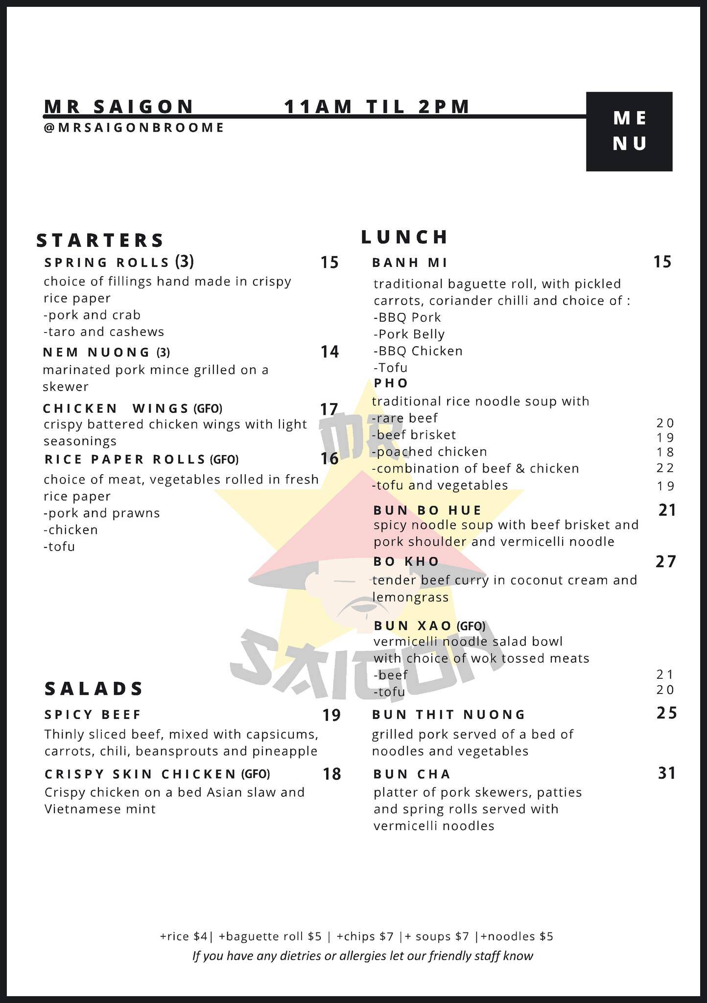 Menu at Mr Saigon restaurant, Broome
