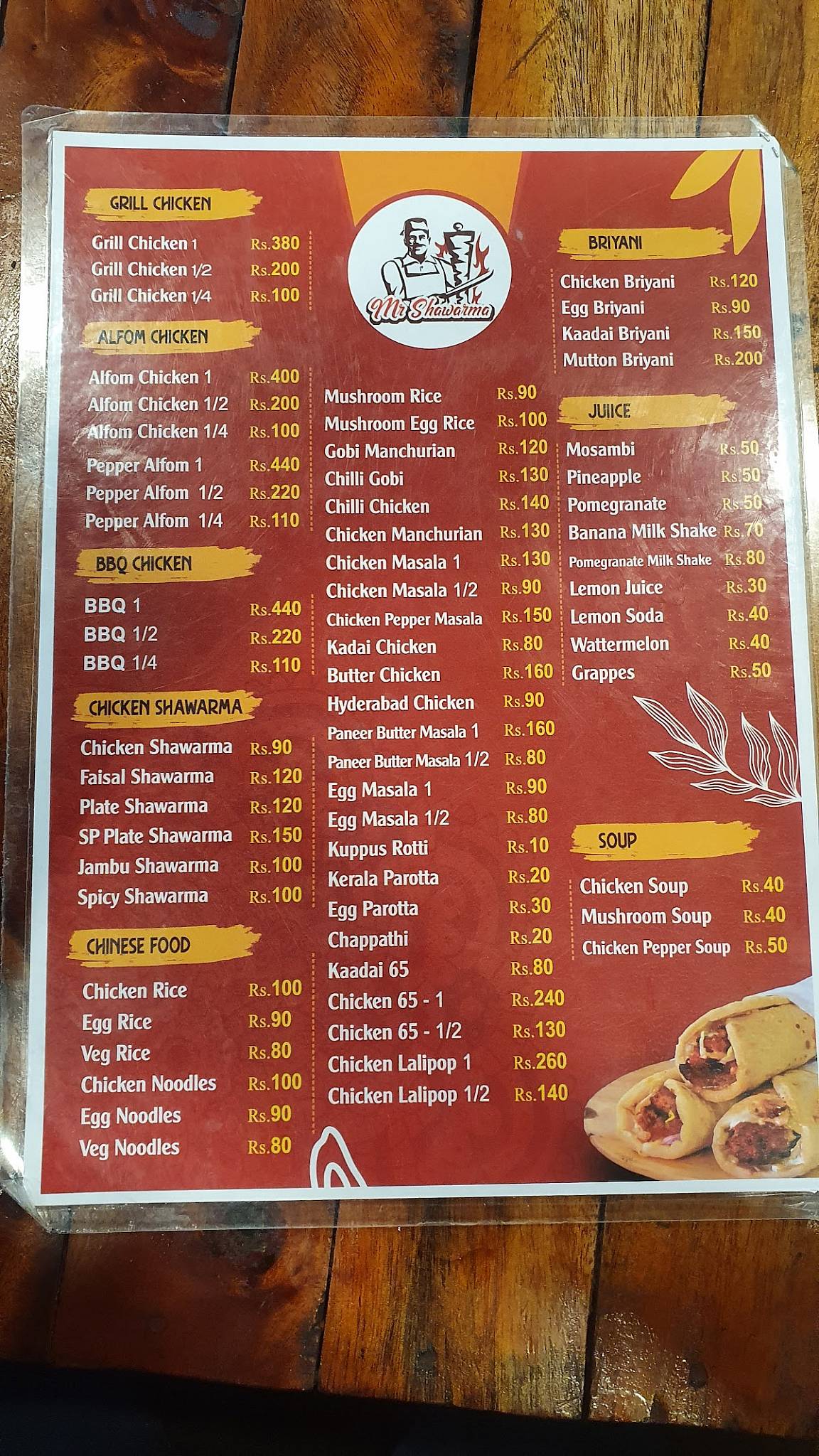 Menu at Mr. Shawarma, Perambalur