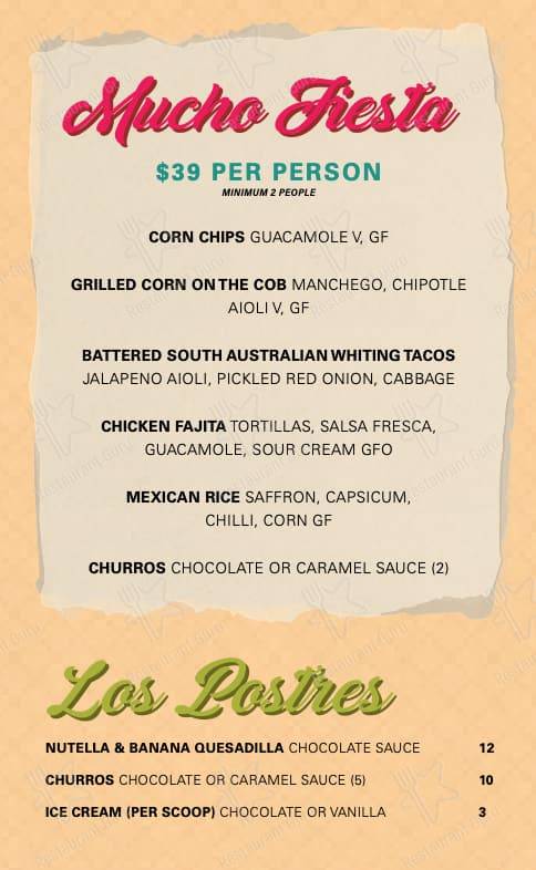 Menu at Mucho Mexicano restaurant, Brisbane City, 274 Hawthorne Rd
