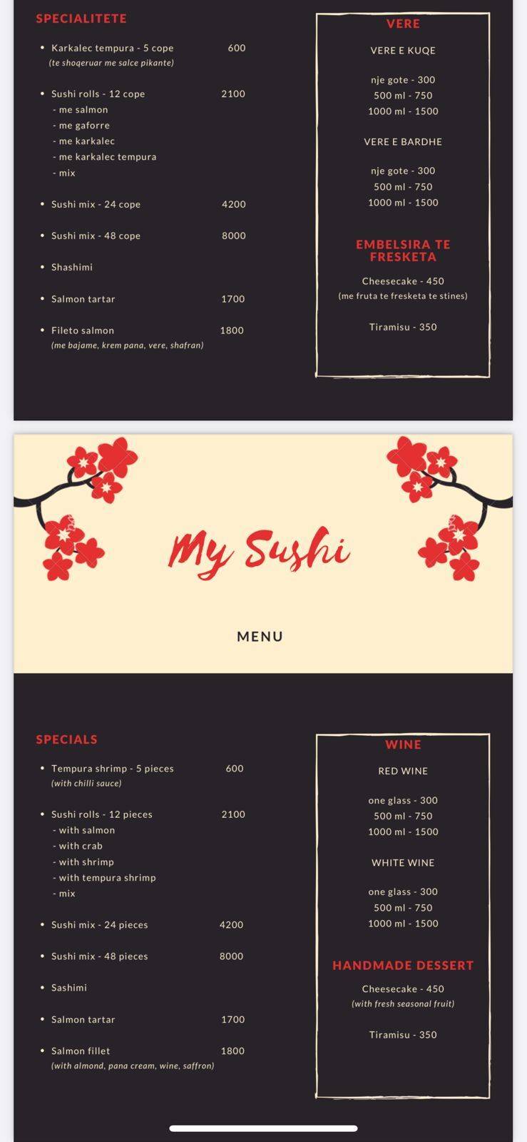 Menu at My Sushi restaurant, Sarandë, SH81