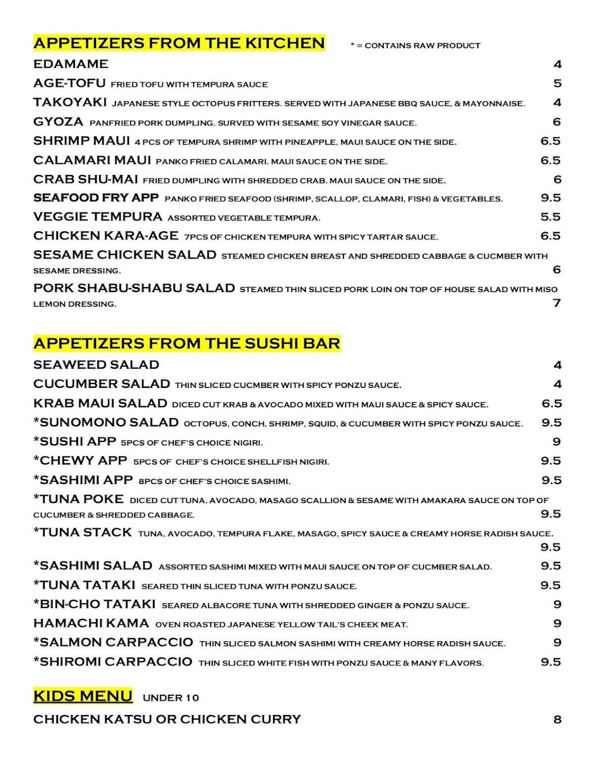 Menu at NAOKI JAPANESE CUISINE restaurant, Palm Bay