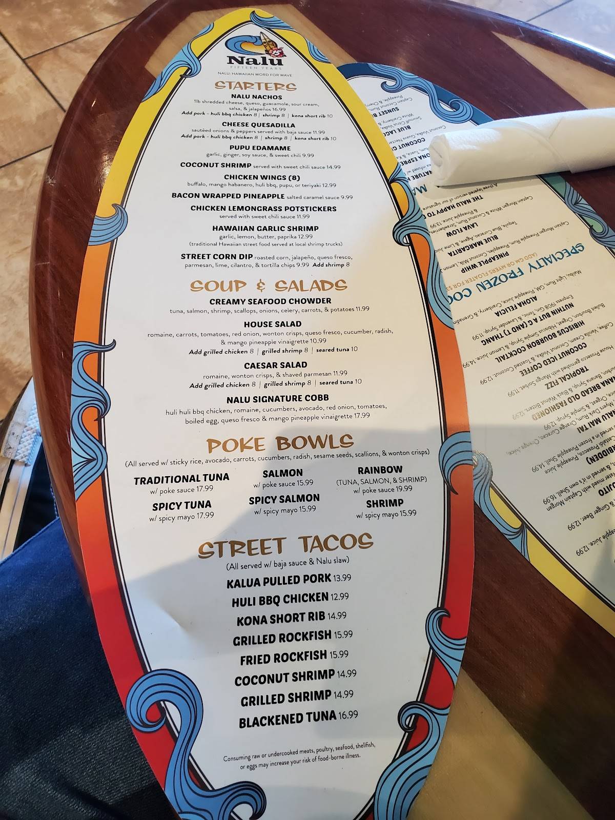 Menu at Nalu restaurant, Rehoboth Beach