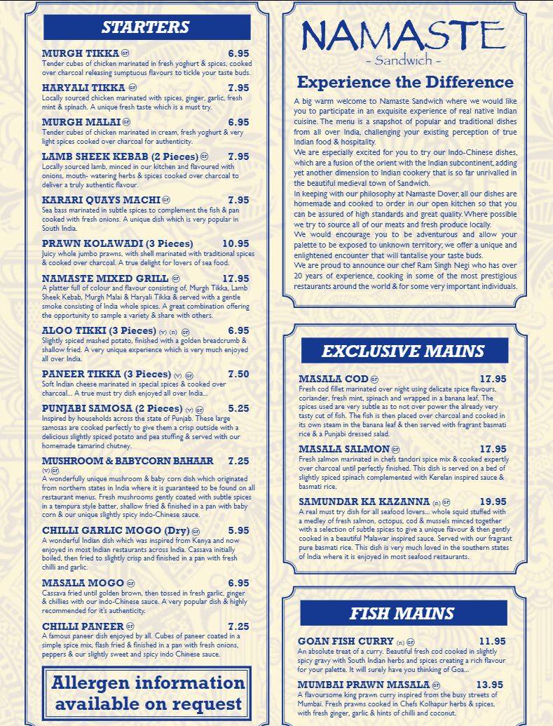 Menu at Namaste Sandwich restaurant, Sandwich