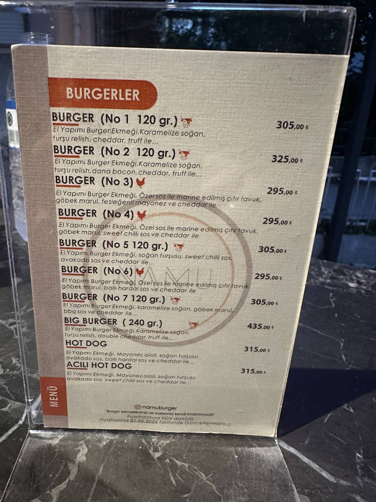 Menu at Namu Burger, Istanbul