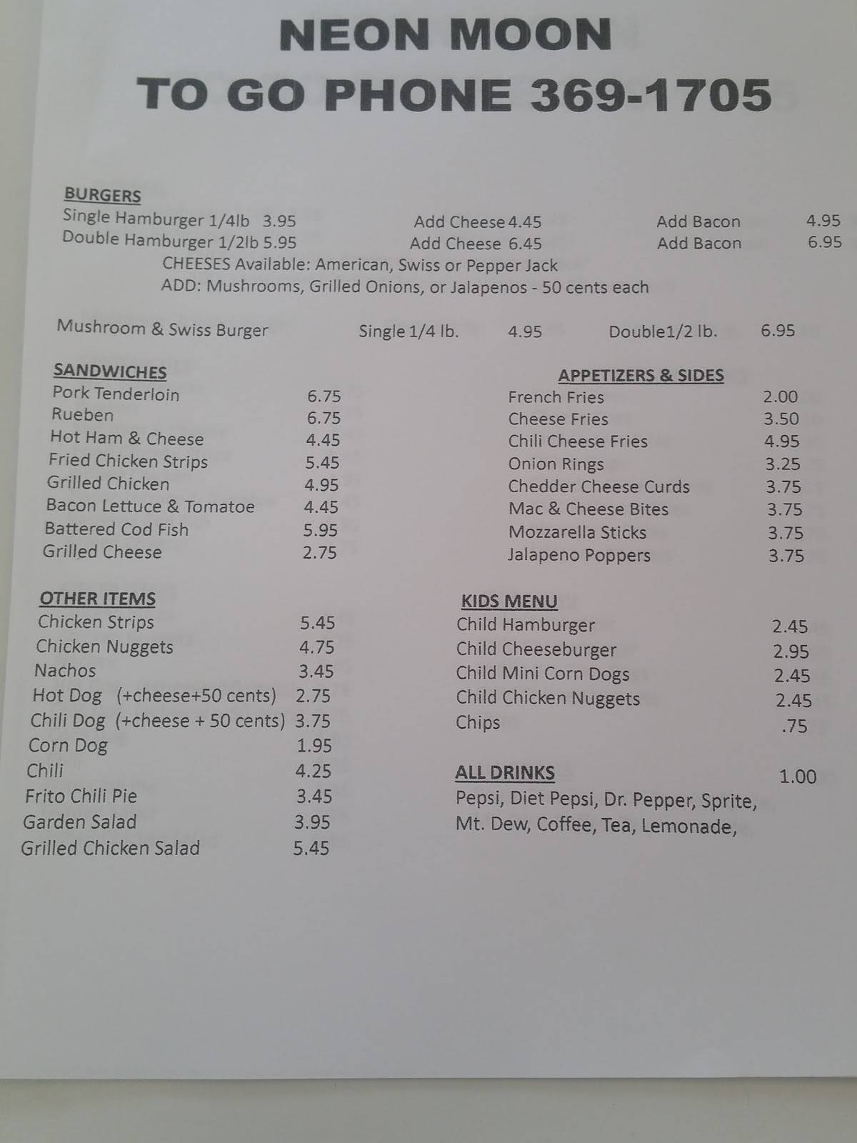 Menu at Neon Moon restaurant, Mountainburg