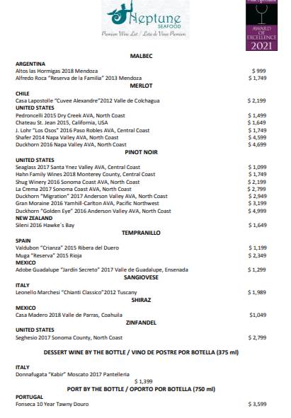 Menu at Neptune restaurant, Cabo San Lucas