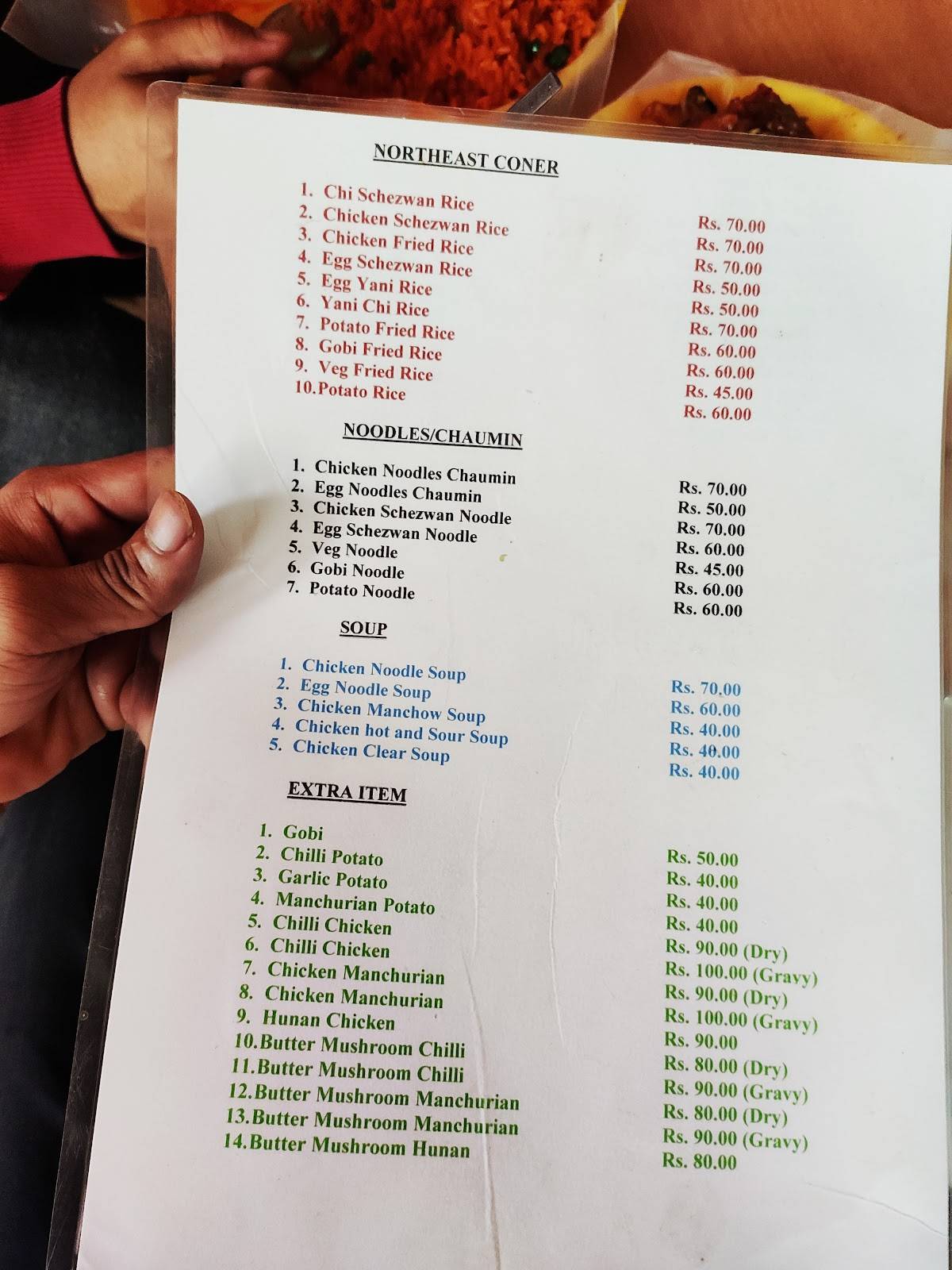 Menu at North East Corner, Bengaluru