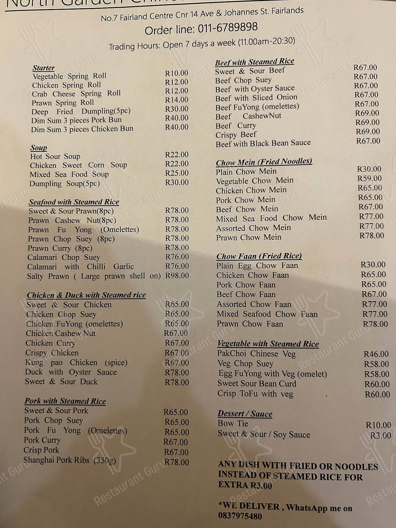 Carta de North Garden Chinese Takeaway and Sushi Bar, Randburg ...
