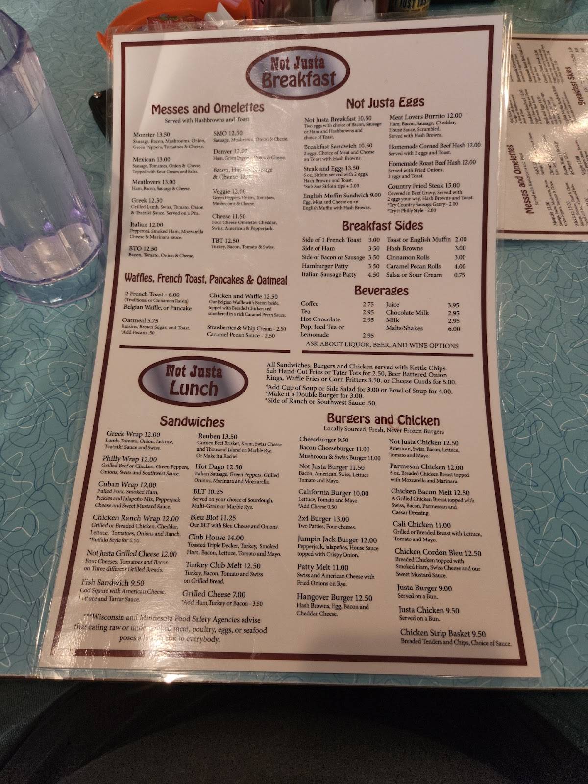 Menu at Not Justa Diner restaurant, Saint Croix Falls