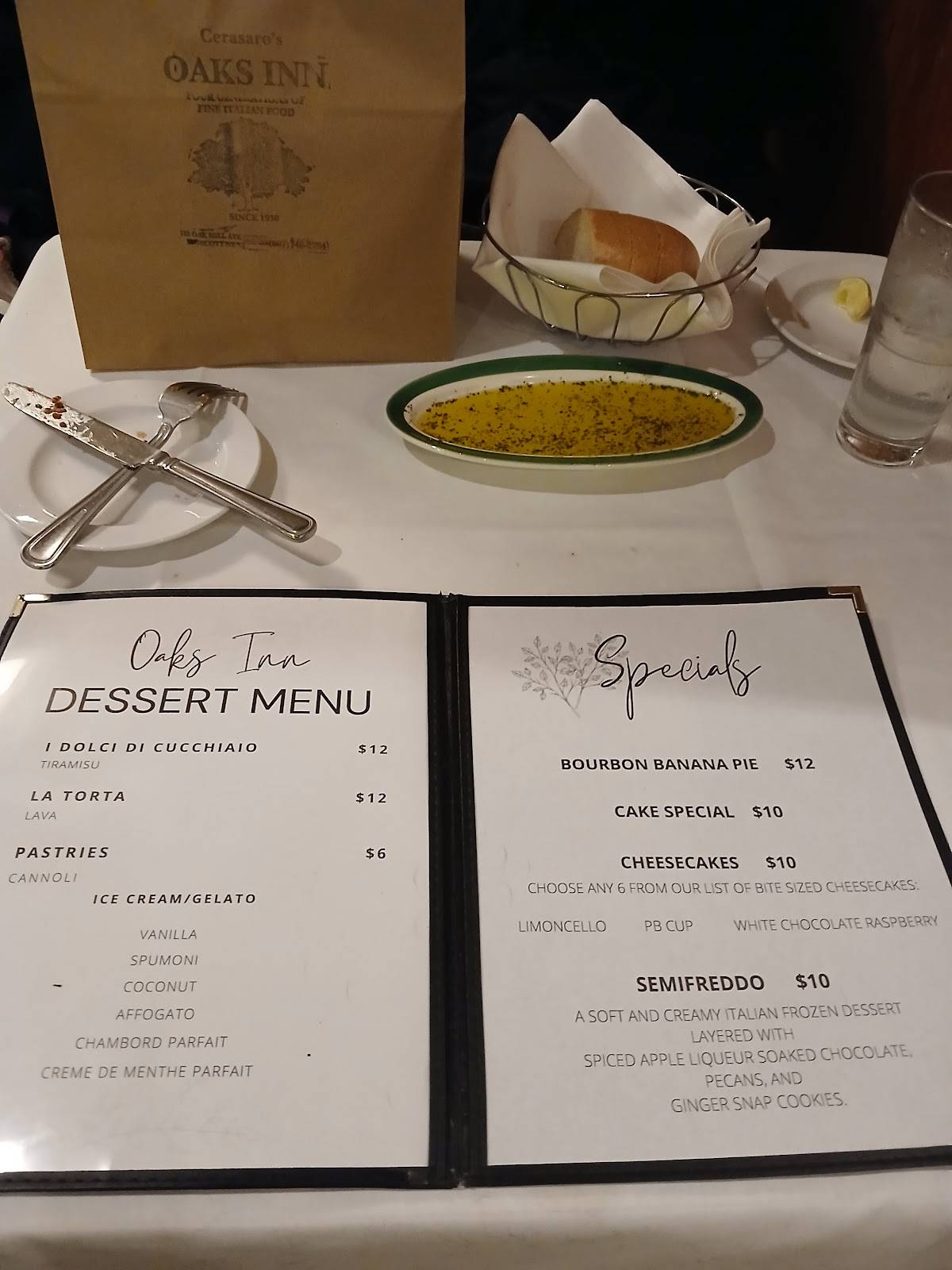 Menu at Oaks Inn restaurant, Endicott