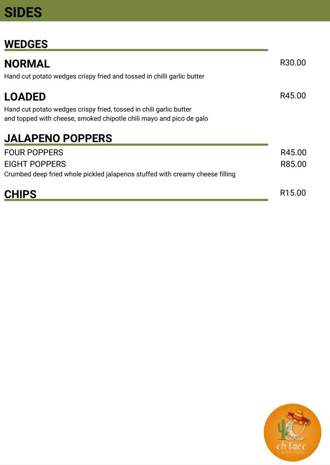 Menu at Oh taco restaurant, Durban