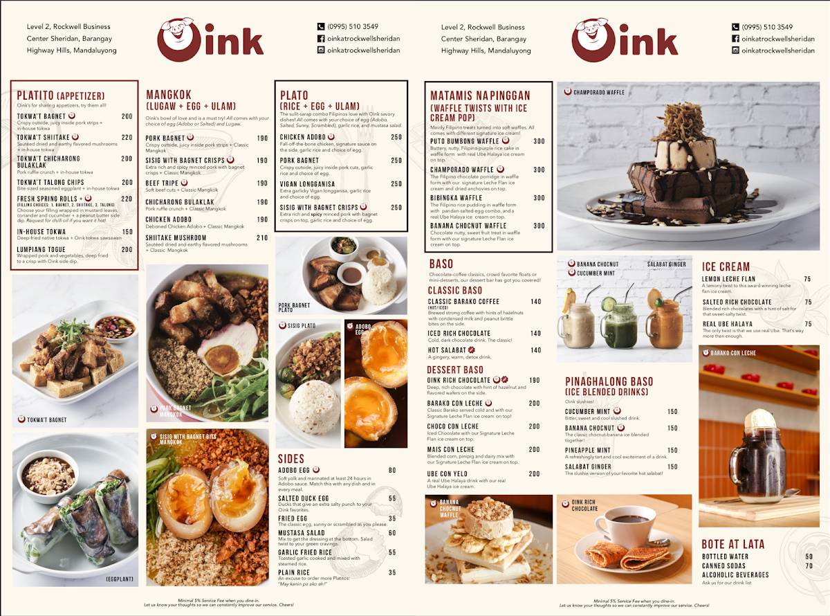 Menu at Oink at Rockwell Sheridan restaurant, Mandaluyong