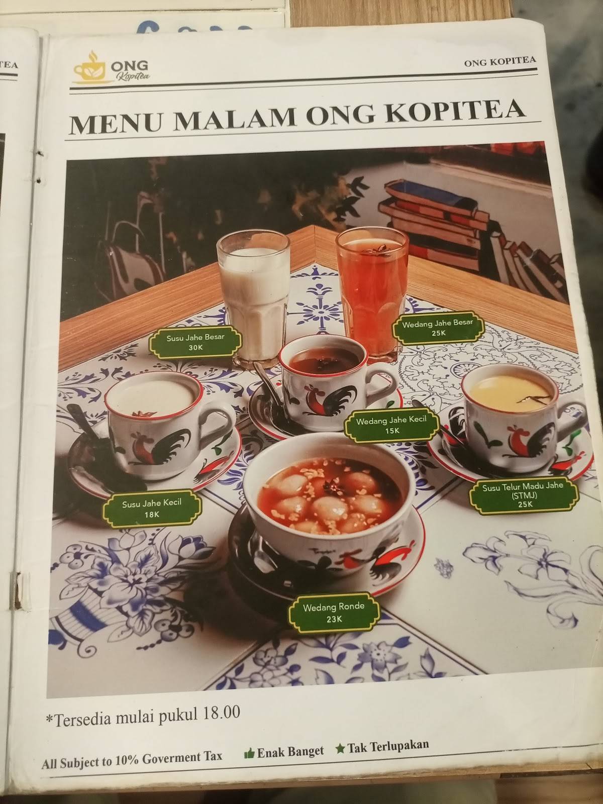 Menu at Ong Kopi Tea restaurant, Samarinda