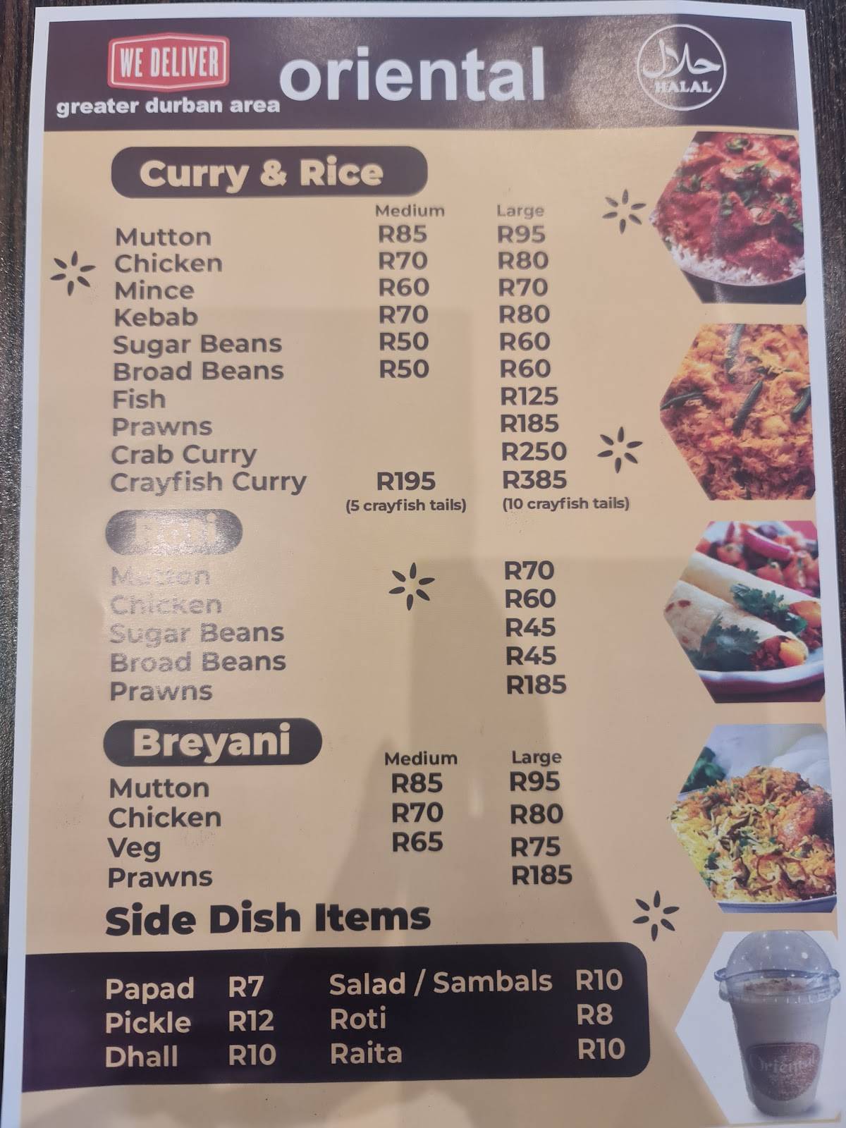 Menu at Orientals restaurant, Durban