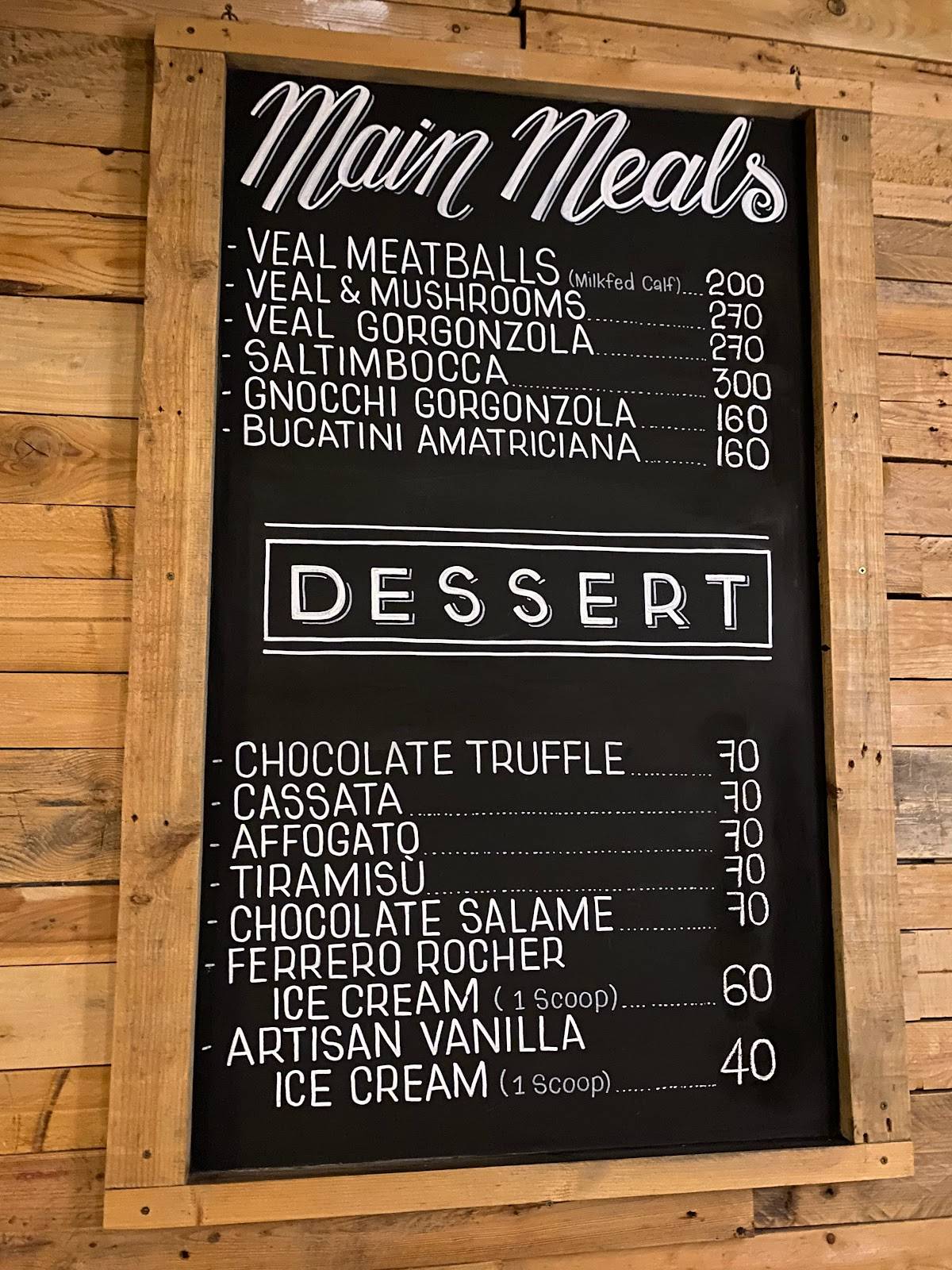 Menu at Osteria Tarantino restaurant, Cape Town