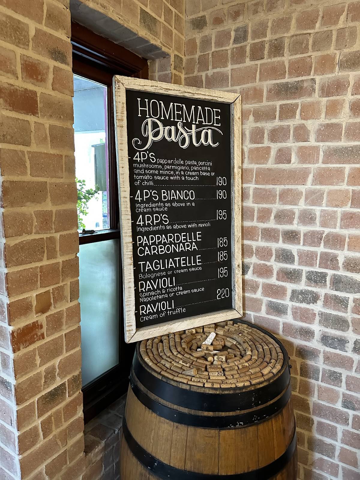 Menu at Osteria Tarantino restaurant, Cape Town