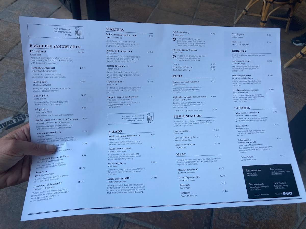Menu at PAUL restaurant, Johannesburg, Melrose Arch Corner High Street