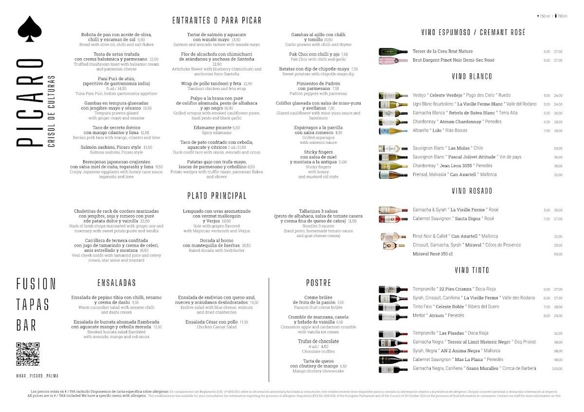 Menu at PICARO ️ FusionTapasBar & Cócteles, Palma