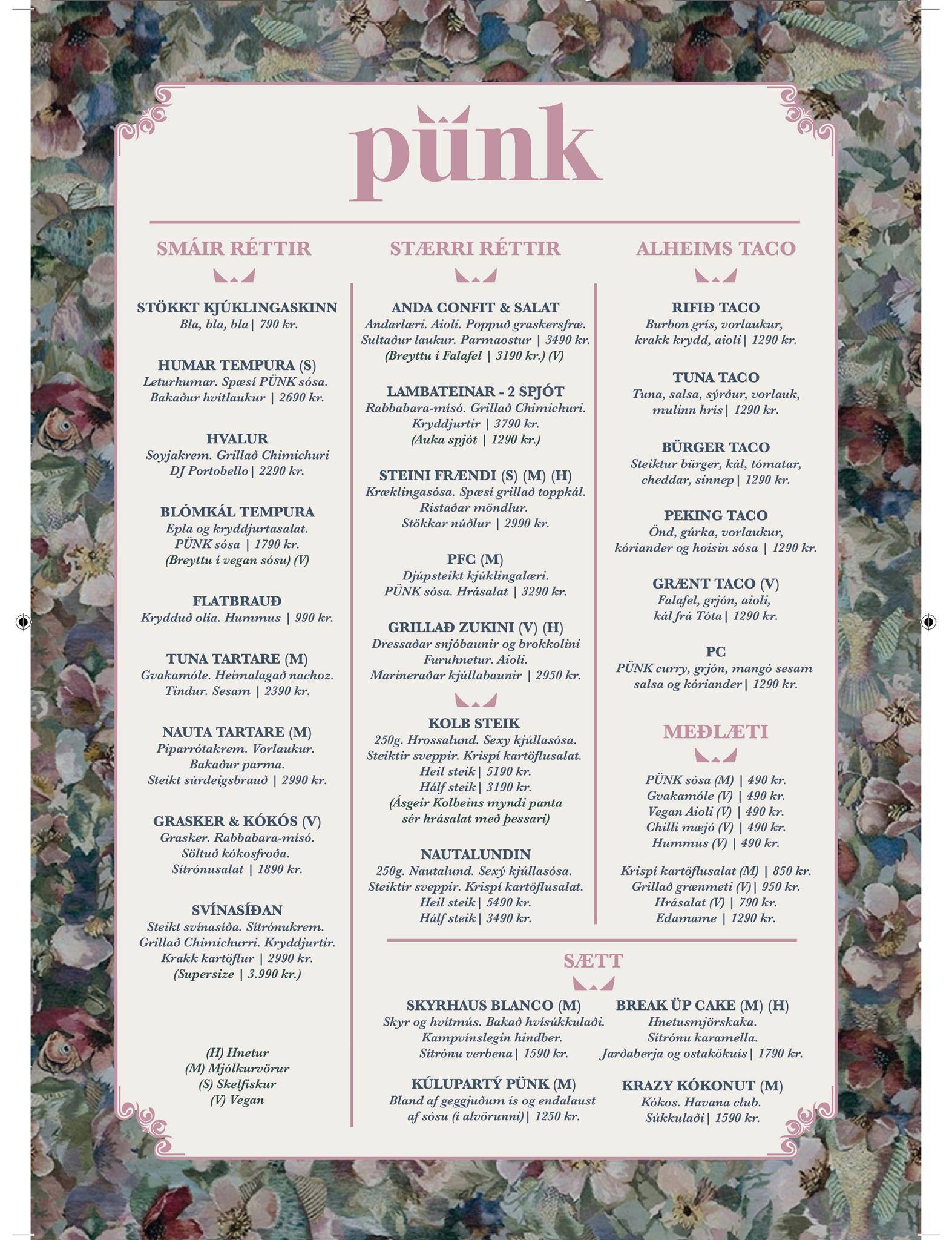 Menu at Punk Restaurant, Reykjavík