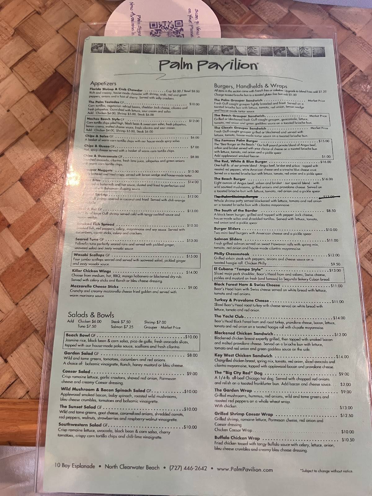Menu at Palm Pavilion Beachside Grill & Bar, Clearwater, 10 Bay Esplanade
