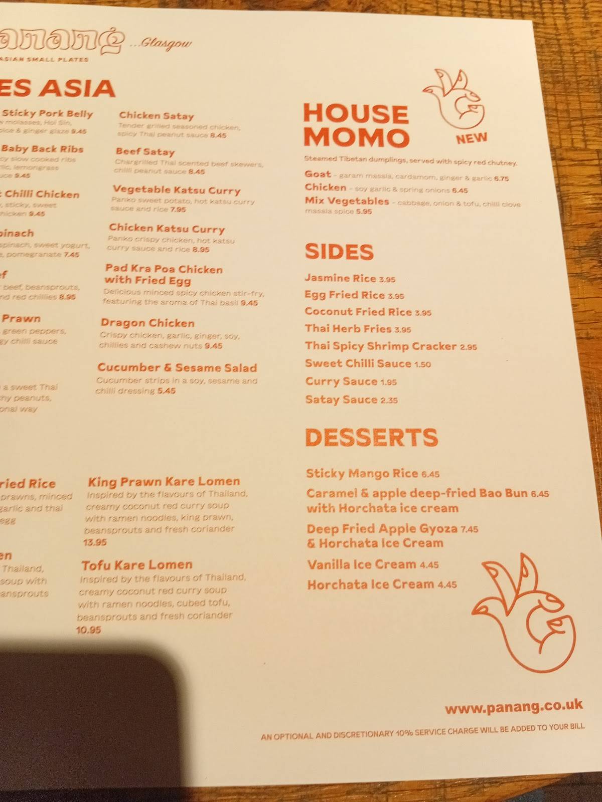 Menu at Panang restaurant, Glasgow