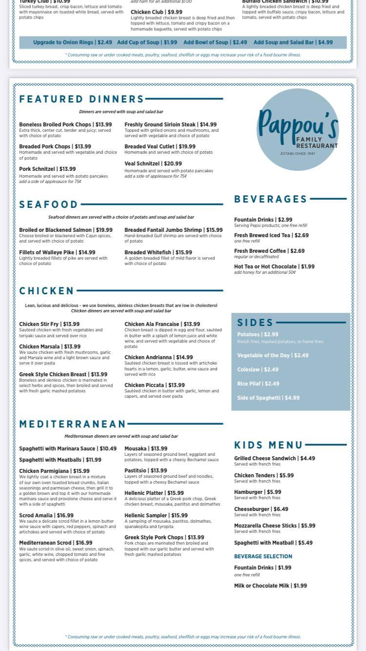 Menu at Pappou's Family Restaurant, Parma