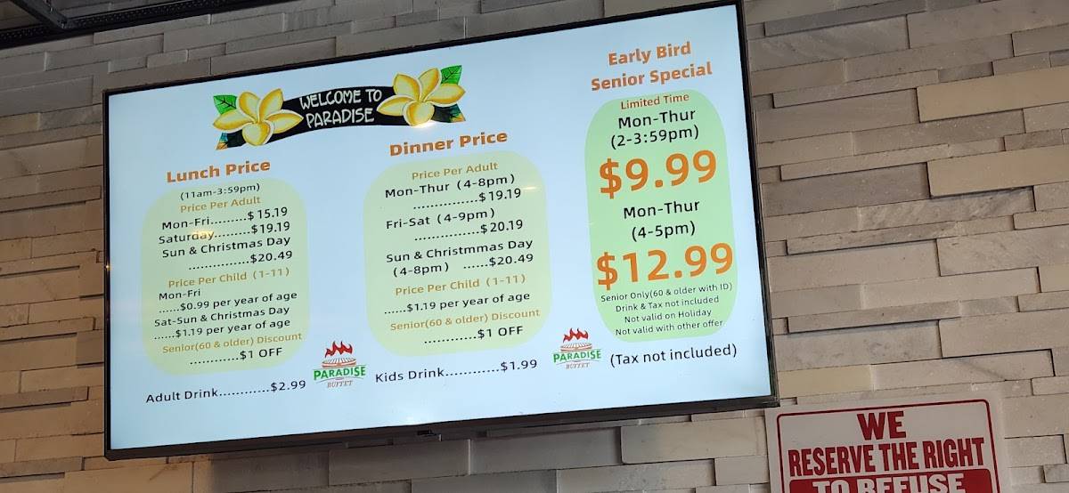 Menu at Paradise Buffet restaurant, San Diego