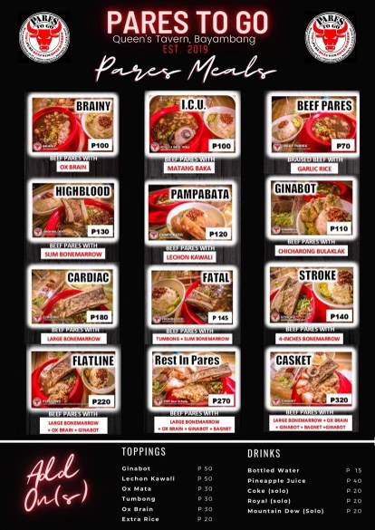 Carta del restaurante Pares To Go WITH Queen’s Tavern, Bayambang