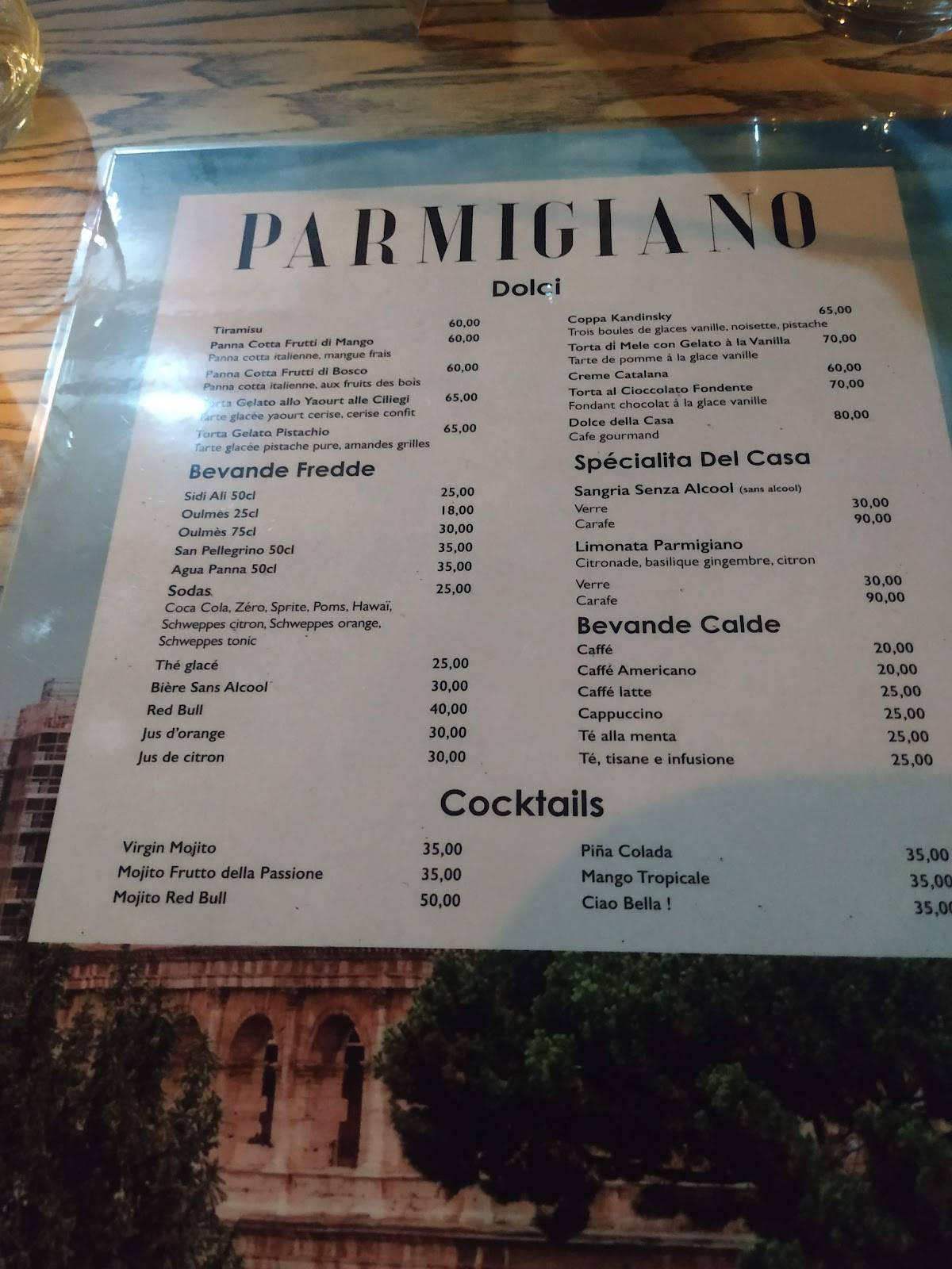 Speisekarte von Parmigiano restaurant, Tanger