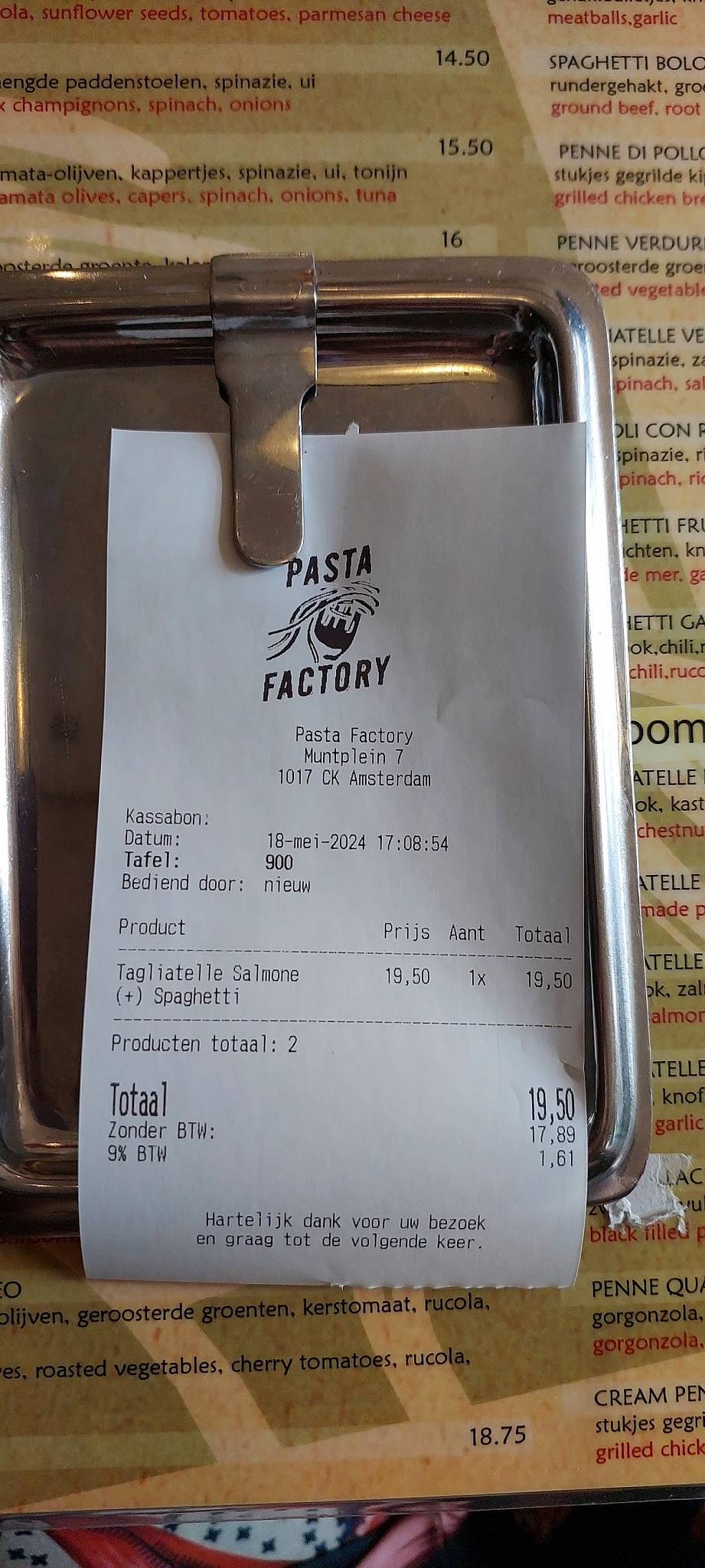 Menu at Pasta Factory, Amsterdam, Muntplein 7