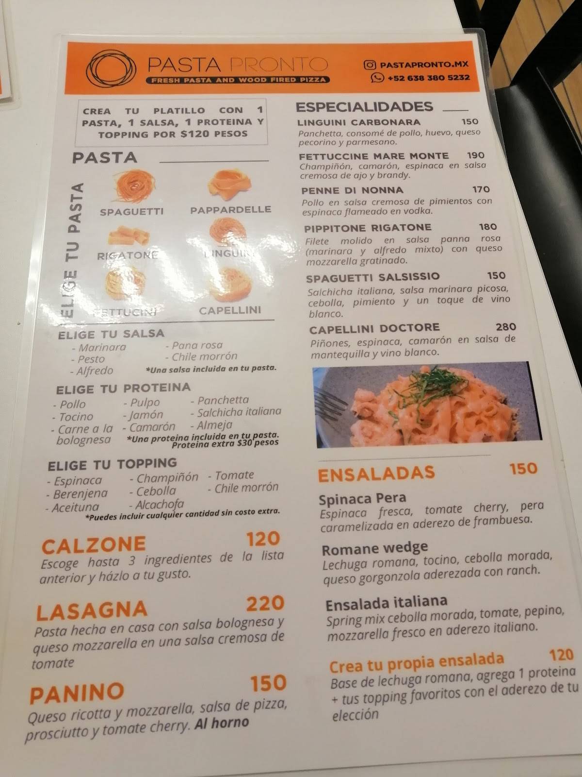 Carta del restaurante Pasta Pronto - Pastas y Pizza a la leña, Puerto ...