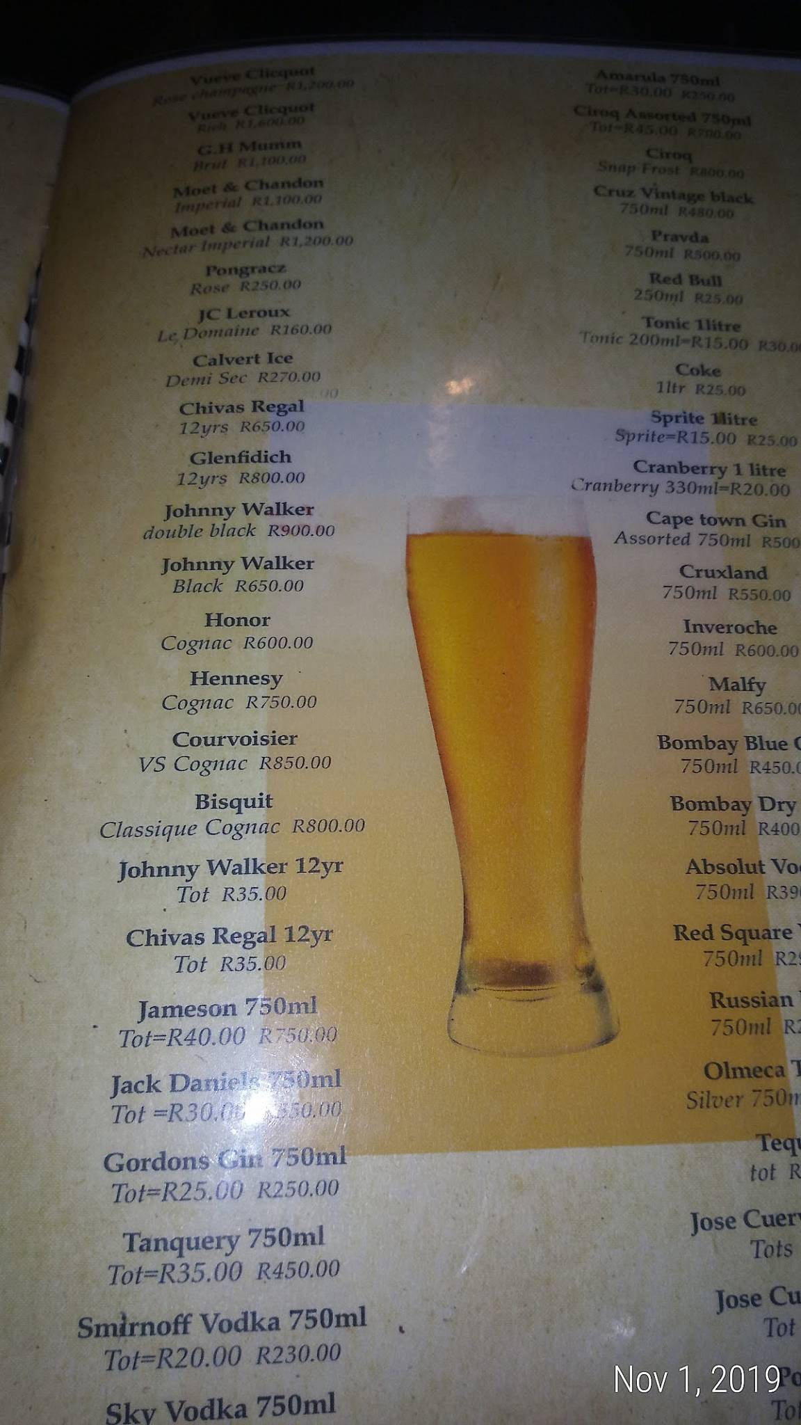 Menu at Pata Pata restaurant, Johannesburg, 286 Fox St