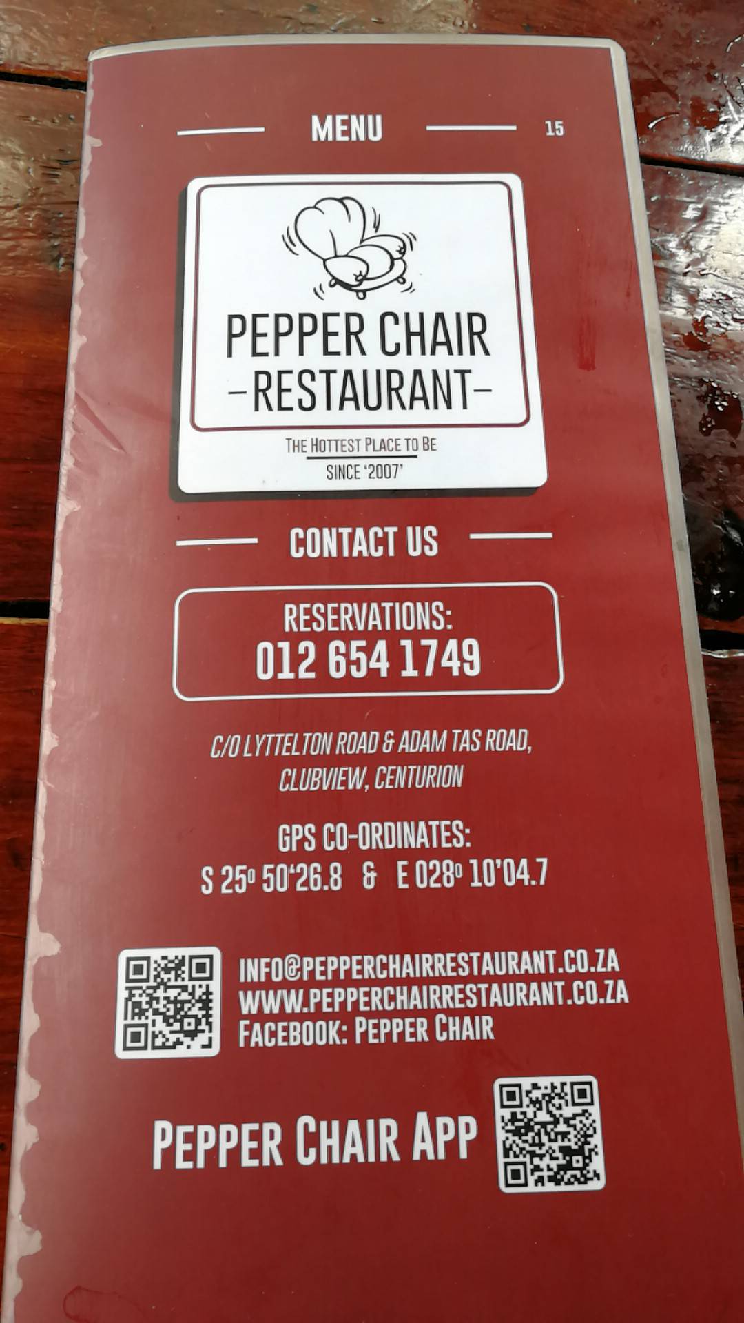 Menu at Pepper Chair Restaurant, Centurion