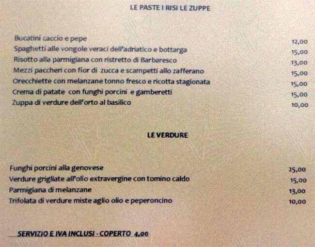 Menu at Peppino restaurant, Milan