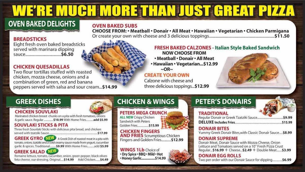 Menu at Peter's Pizza restaurant, Mount Pearl