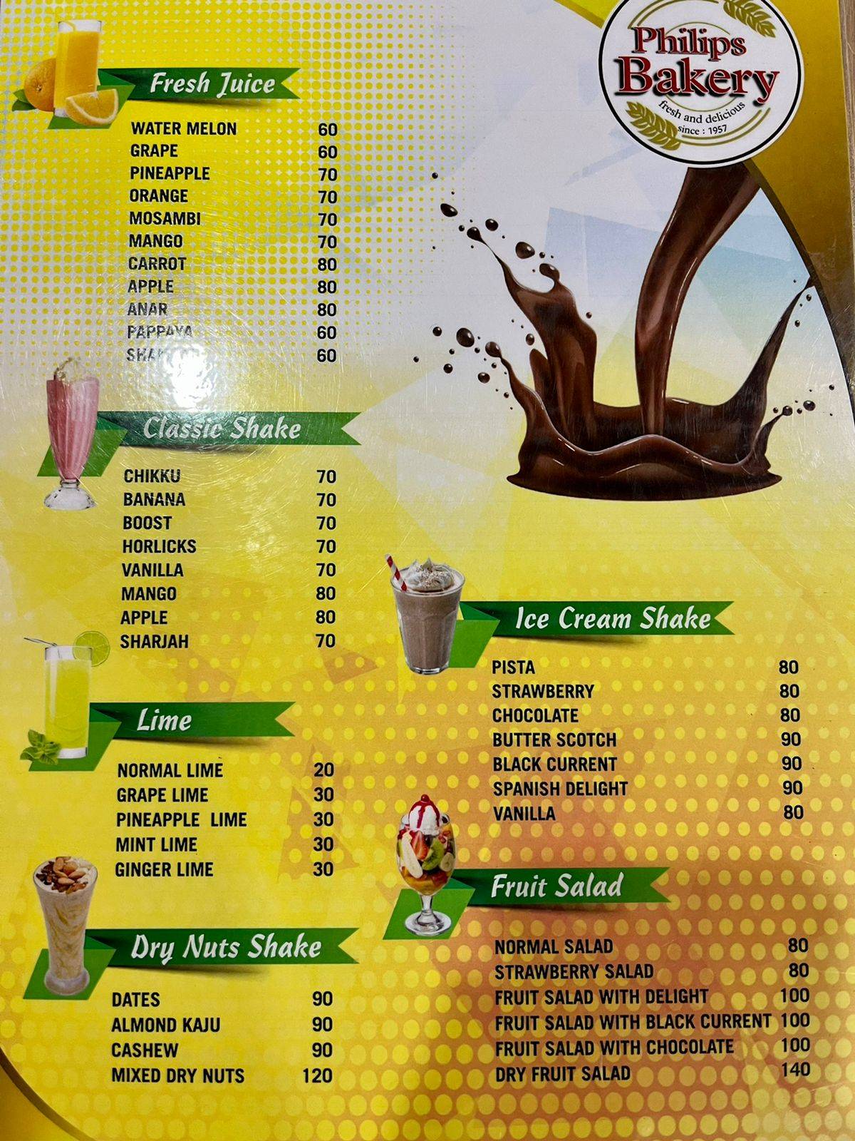 Menu at Philips Bakery, Kozhuvanal