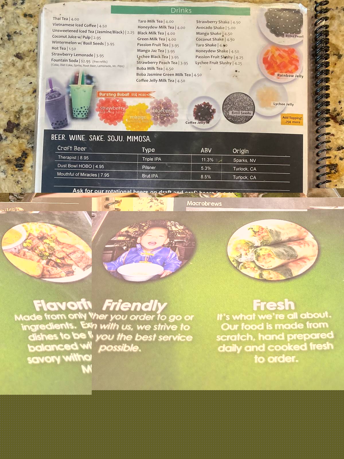 Menu at Pho Fresh Vietnamese restaurant, Rancho Cordova