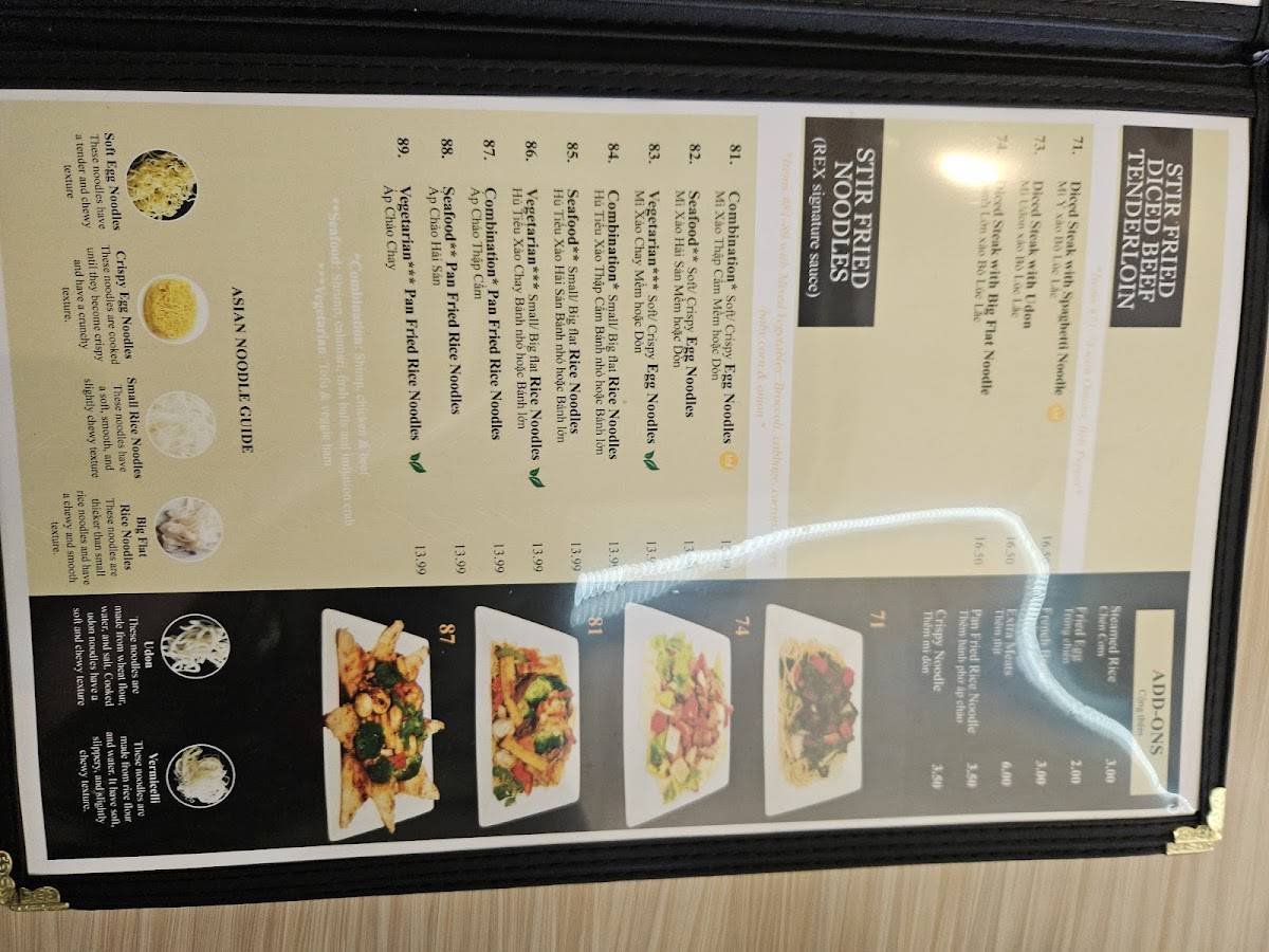 Menu at Pho Rex restaurant, Corona