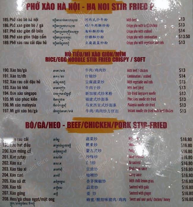 Menu at Phu Tho restaurant, Springvale