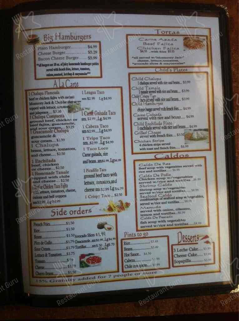 Menu at Pinto Bean restaurant, Edna